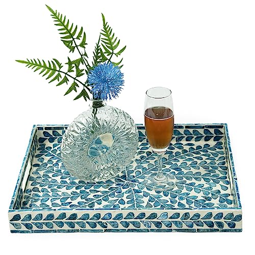 CLAYNIX Serving Tray 15.7" X11.8", Lacquer Mother of Pearl Inlay Mosaic Tray, Rectangle Wooden Marble Tray with Handles Trays for Tea, Breakfast in Bed, Table (Blue)