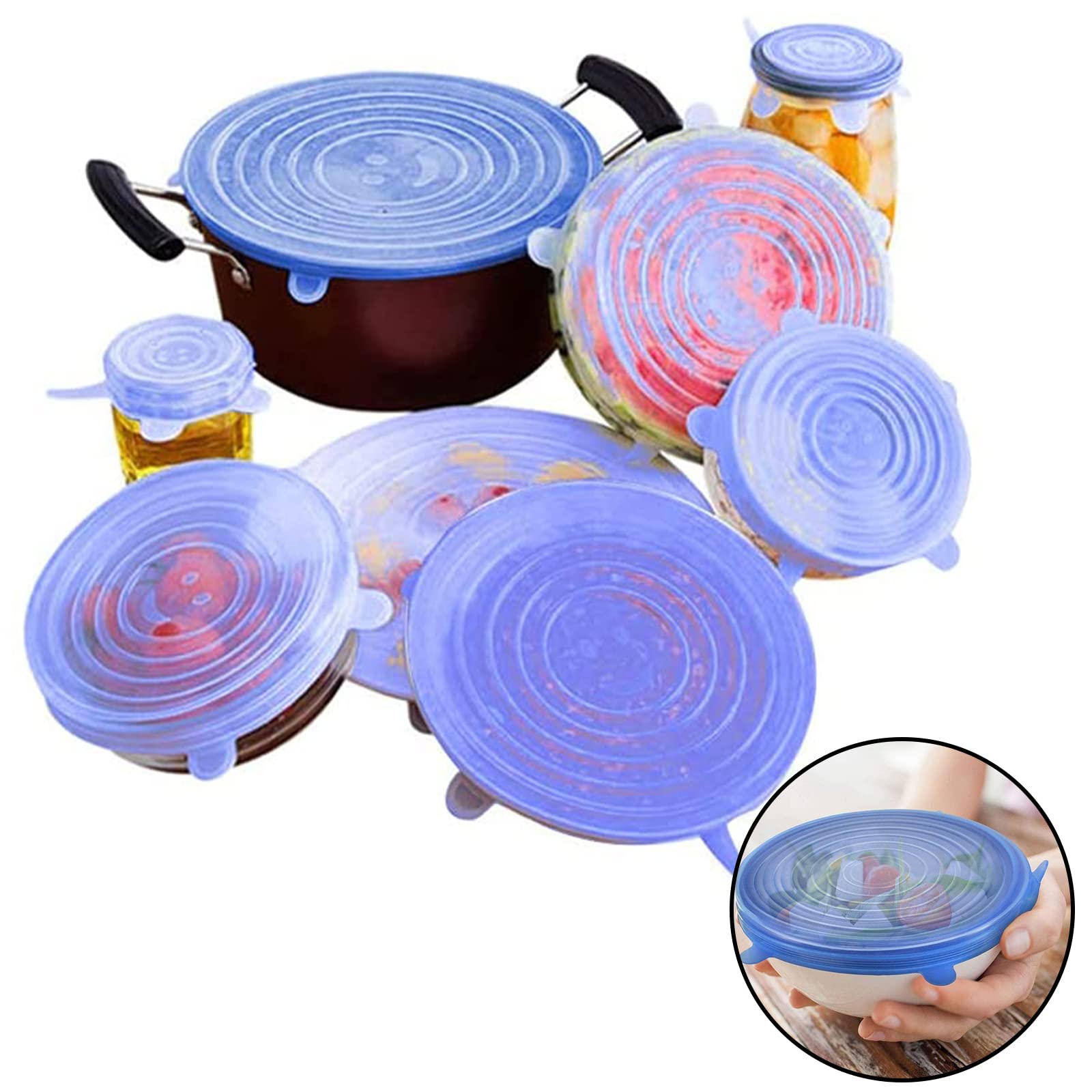 6 Pack Reusable Silicone Stretch Lids, Heat Resistant Various Sizes BPA-free Silicone Bowl Cover Fit Most Containers, Microwave & Dishwasher Use Safe(Blue)