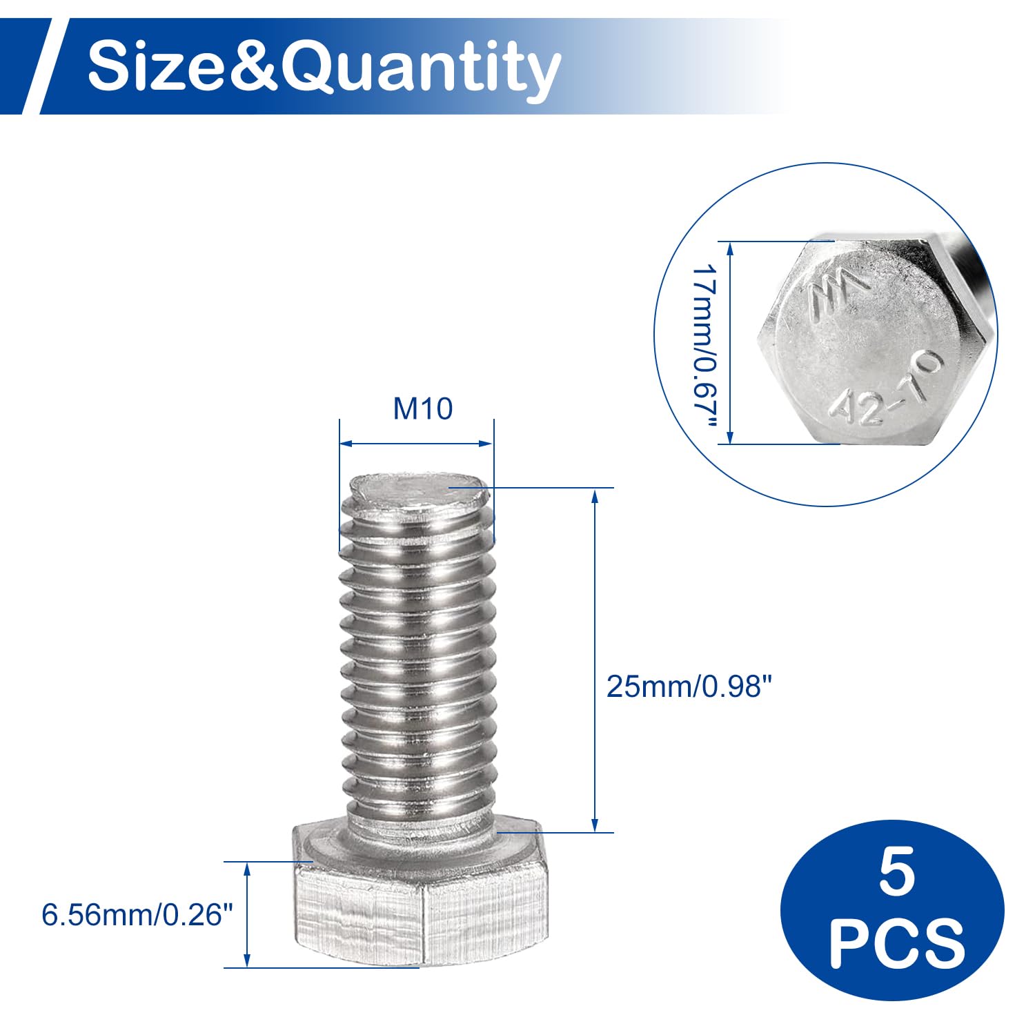 MroMax 5Pcs M10 x 25mm Hex Head Screws Bolts, 304 Stainless Steel 18-8, Fully Threaded, External Hex Drive, for Mounting Chair, Handles, Rail, Pump, Wheels, Antenna Parts, Boat and Plastic Bumpers