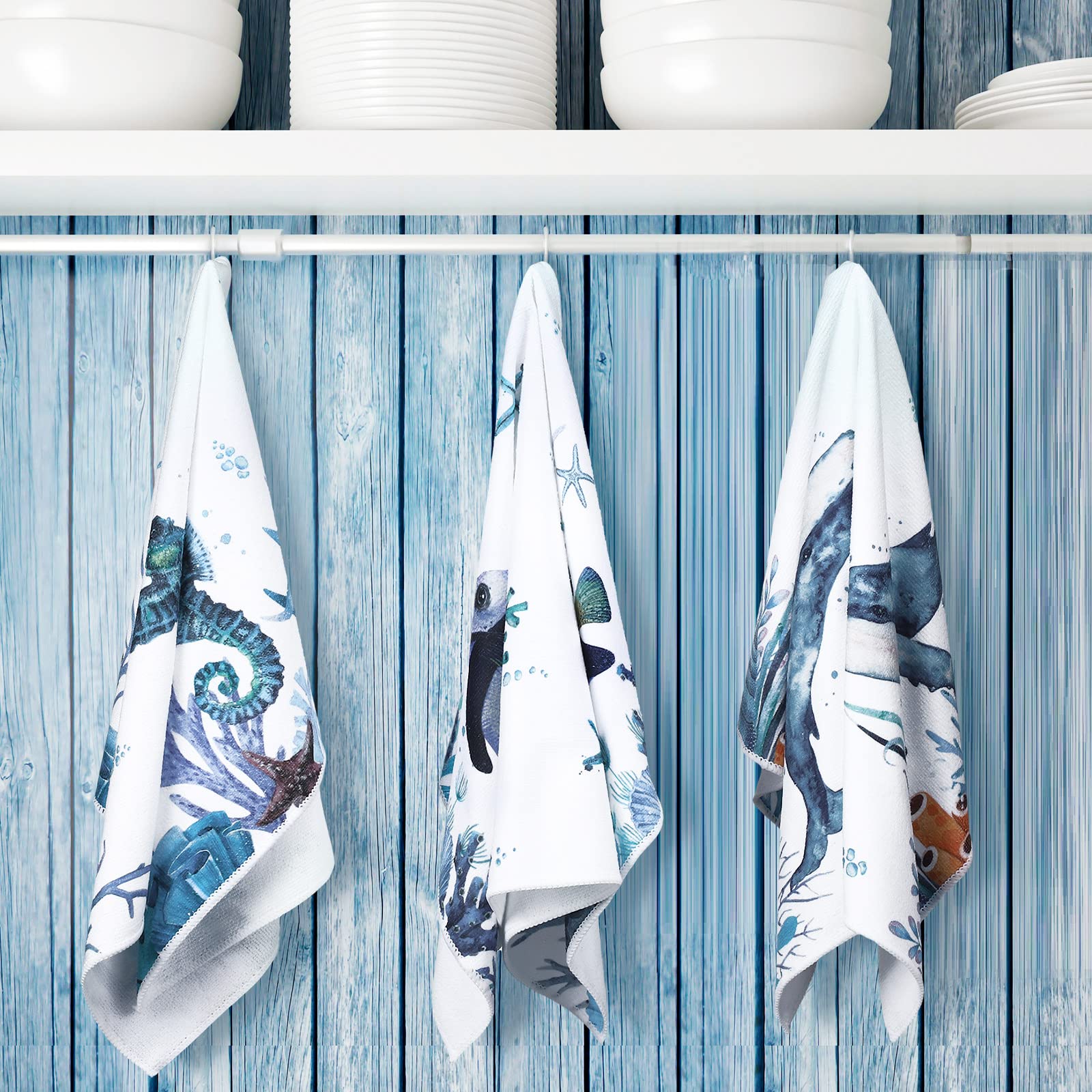 6 Pcs Beach Kitchen Towels Ocean Animal Bathroom Dish Towel Set Nautical Themed Hand Towels Summer Sea Soft Tea Towel Absorbent Dish Cloths for Kitchen Decorative Home, 15.7 x 23.6 Inch (Cute Style)
