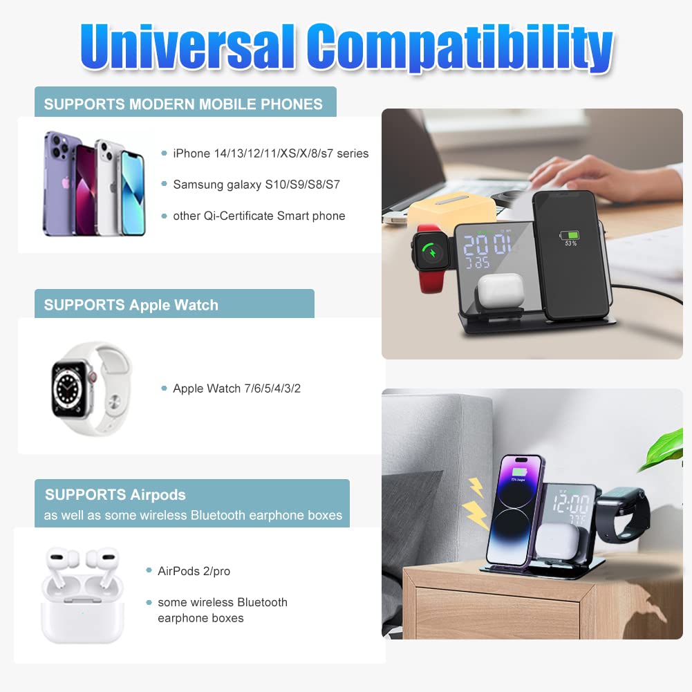 4-in-1 Wireless Charging Station for Apple Devices, 18W Fast Charge Wireless Charger with Alarm Clock and Temperature Display, Wireless Charger Stand for iPhone 14 13 12, Apple Watch & AirPods