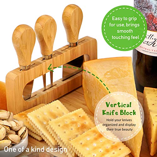 ROYAMY Bamboo Cheese Board Set with 3 Stainless Steel Knife, Meat Charcuterie Platter Serving Tray, Perfect Choice for Wedding Birthdays Christmas Anniversary Housewarming Kitchen Personalized Gift