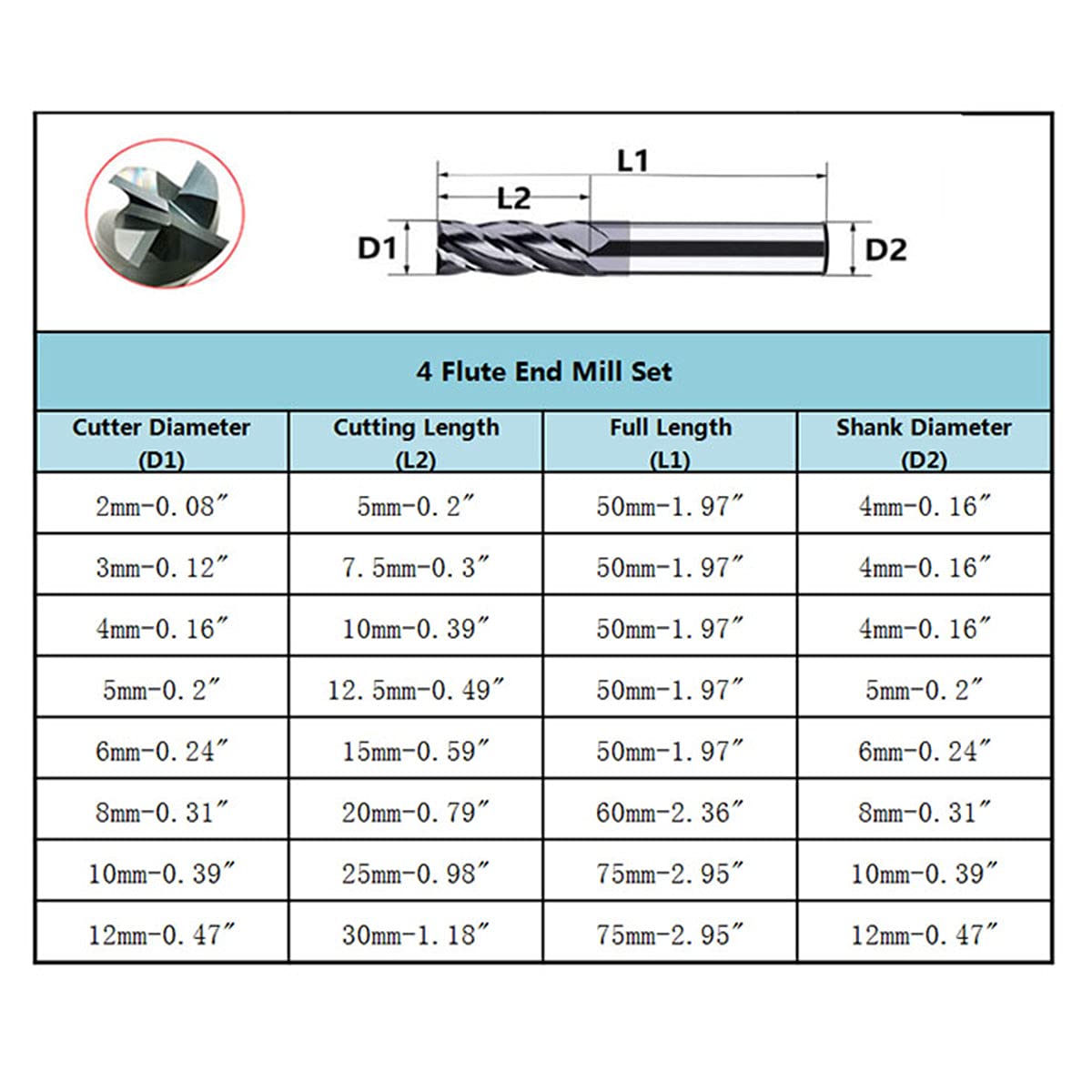 8pcs 2-12mm CNC Square Nose End Mills,Carbide Tungsten Steel 4 Fultes Milling Cutter, Router Bits Rotary Bits Tool Straight Shank 2-12mm