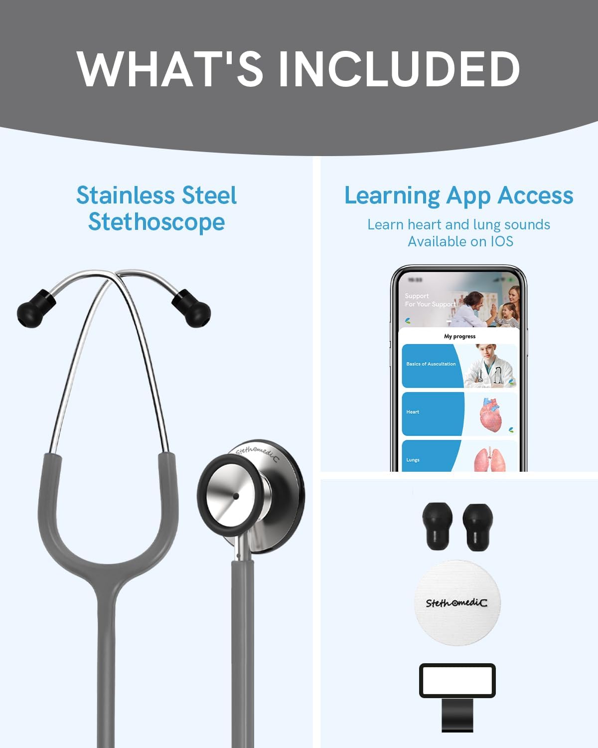FriCARE Dual Head Stethoscope - Stethoscopes for Nurses, Medical Nursing Students, Paramedics/EMT/LVN/VNA Backup - FSA/HSA Eligible Estetoscopio, Haze Grey Tube, Stainless Steel Chestpiece