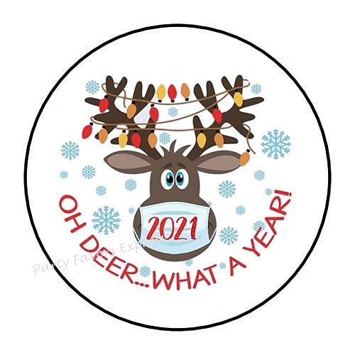 48 OH Deer What A Year 2021 Christmas MASK Envelope Seals Labels Stickers Party Favors 1.2"