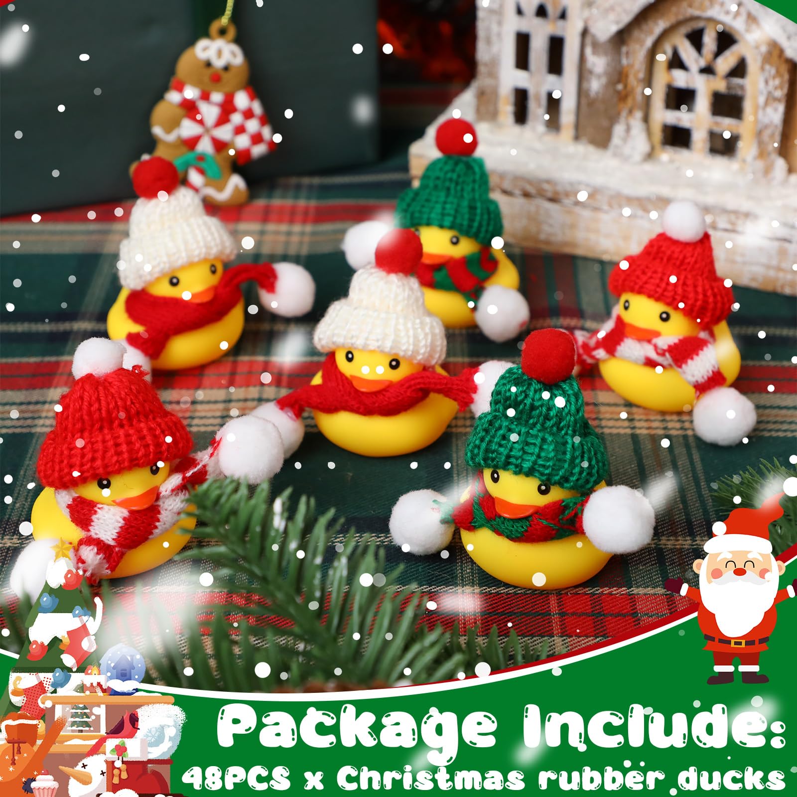 48 Pcs Christmas Rubber Ducks 2 Inch Mini Christmas Ducks Bath Toys Xmas Party Decorations Holiday Rubber Ducks with Drawstring Gift Bag for Boy Girl Holiday Class Prizes(Assorted Style)