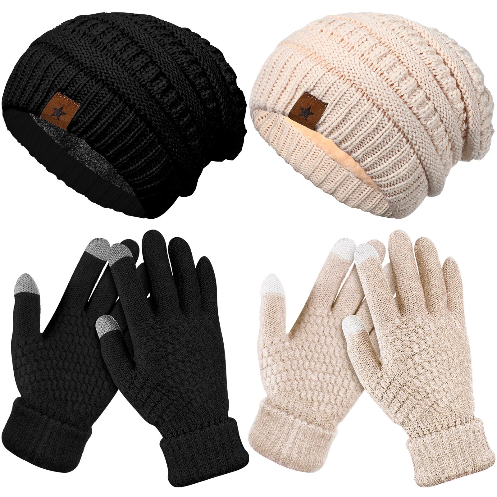 4 Pieces Women Winter Hat and Touchscreen Gloves Set Warm Knitted Women Beanie Hat Fleece Lined Slouchy Beanie with Winter Gloves Mittens for Women Girls (Black, Beige)