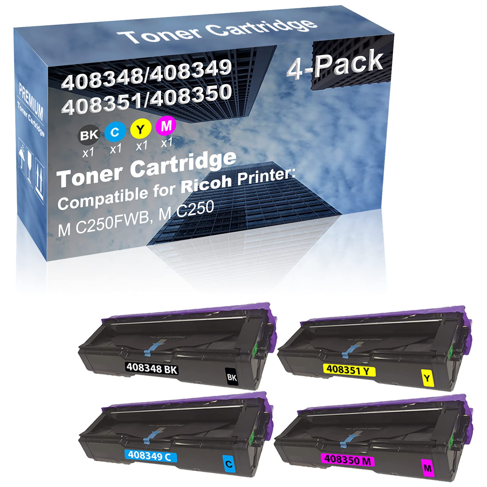 4-Pack (BK+C+Y+M) Compatible High Capacity 408348+ 408349+ 408351+ 408350 Toner Cartridge Used for Ricoh M C250FWB, M C250 Printer