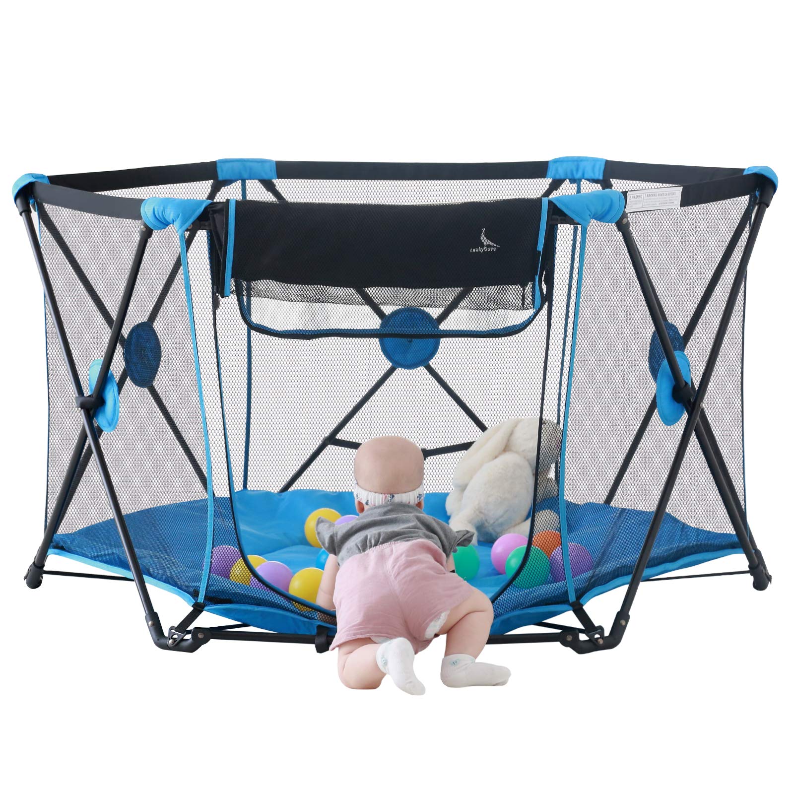 LuckyDove Portable Playpen for Innfants and Toddlers,Portable Play Yard for Baby with Padded Floor,Kids Activity Centre,Baby PlayPen with Carrying Bag,Washable,Foldable.Size:53"Wx 30"H(Blue)
