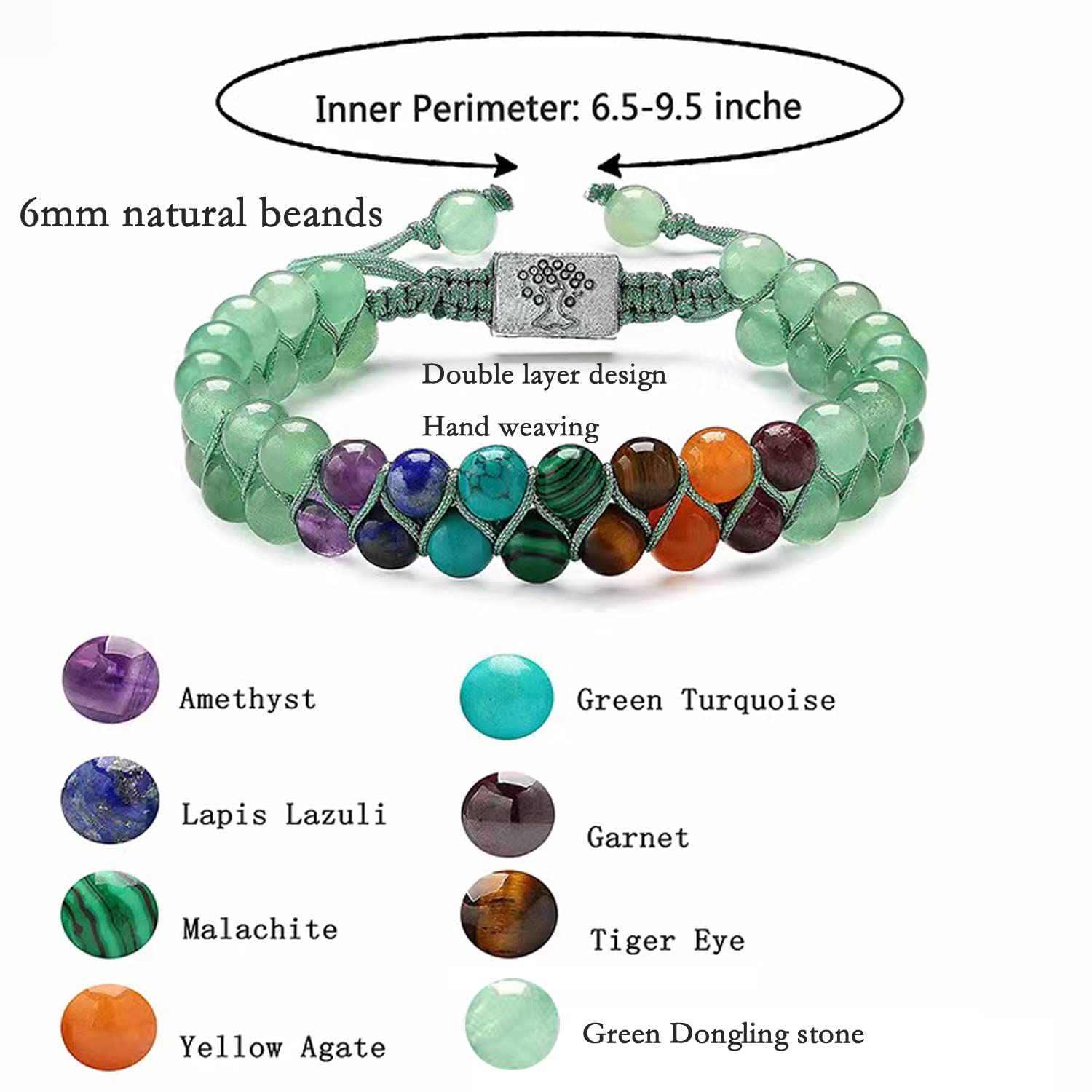 7 Chakra Yoga Meditation Bracelet Protection Bracelet , Double Layer Natural Gemstone Beads Bracelets,Tigers Eye Black Obsidian Hematite Black Agate Healing Crystal Bracelet,Feng Shui Handmade