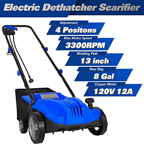 BILT HARD Dethatcher Scarifier Electric Powered, 12 Amp Copper Motor 13 inch Raking Width, 8 gal Thatch Bag, 2 in 1 Walk Behind Thatch Removing Machine for Lawn