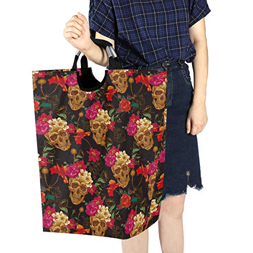 RunningBear Laundry Basket Washing Clothes Hamper - Sugar Skulls Roses Day Dead Collapsible Laundry Hamper Large Capacity Hampers for Bathroom, Bedroom