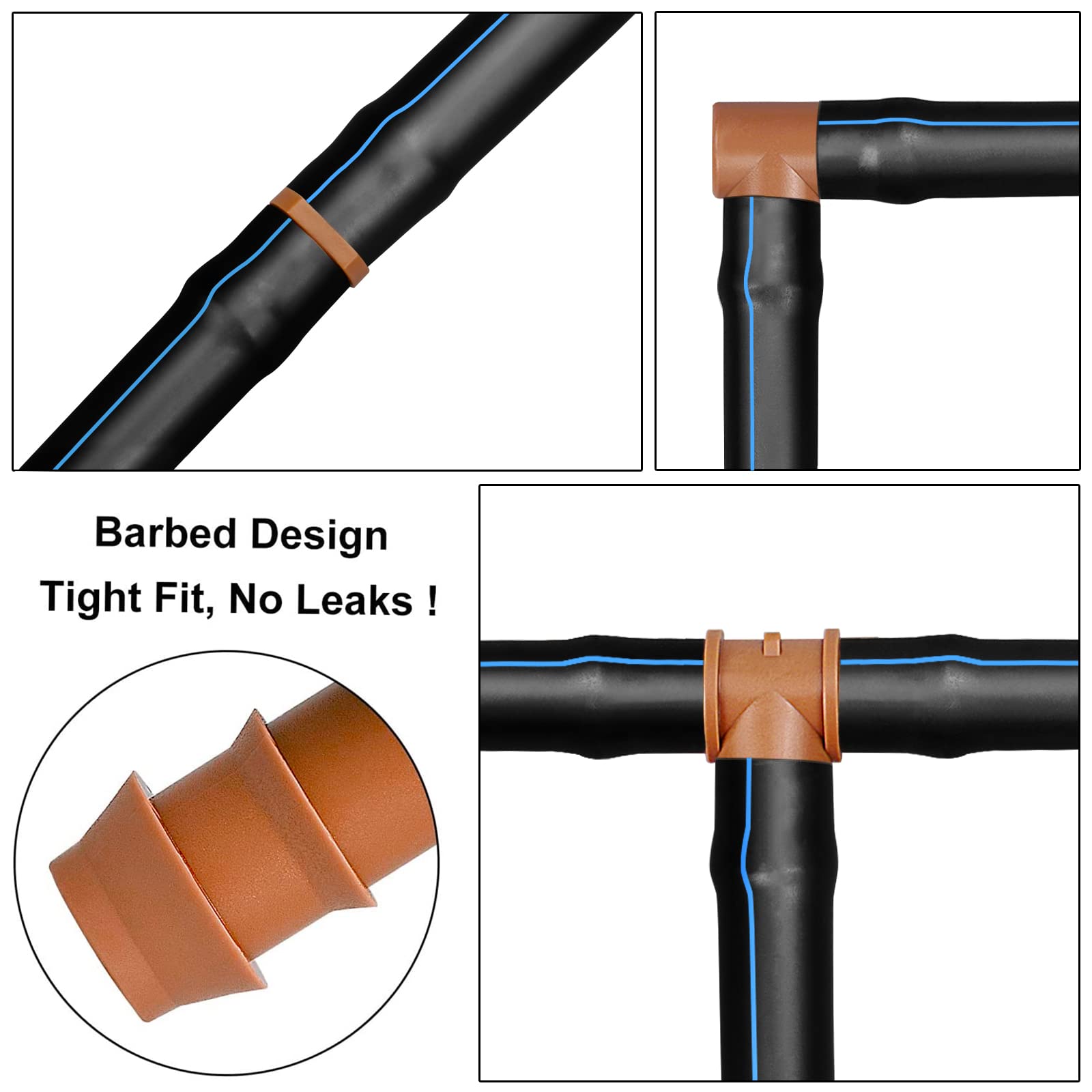 JAYEE 24P Drip Irrigation Fittings Kit for 1/2" Tubing (.600 ID), 17mm Parts- 6 Tees, 6 Couplings, 6 Elbows,6 End Cap Plugs- Barded Connectors for Rain Bird Pipe and Sprinkler Systems (24 Pieces Set)