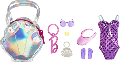 Barbie Clothes, Deluxe Clip-On Beach Bag with Swimsuit and Five Themed Accessories for Barbie Dolls