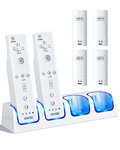 4-in-1 Wii Remote Charger, VOYEE Fast Charging Station with 4 Pack 2800mAh Wii Rechargeable Battery Pack and Type-C USB Cable, Wii Charger Compatible with Nintendo Wii/Wii U Controller White