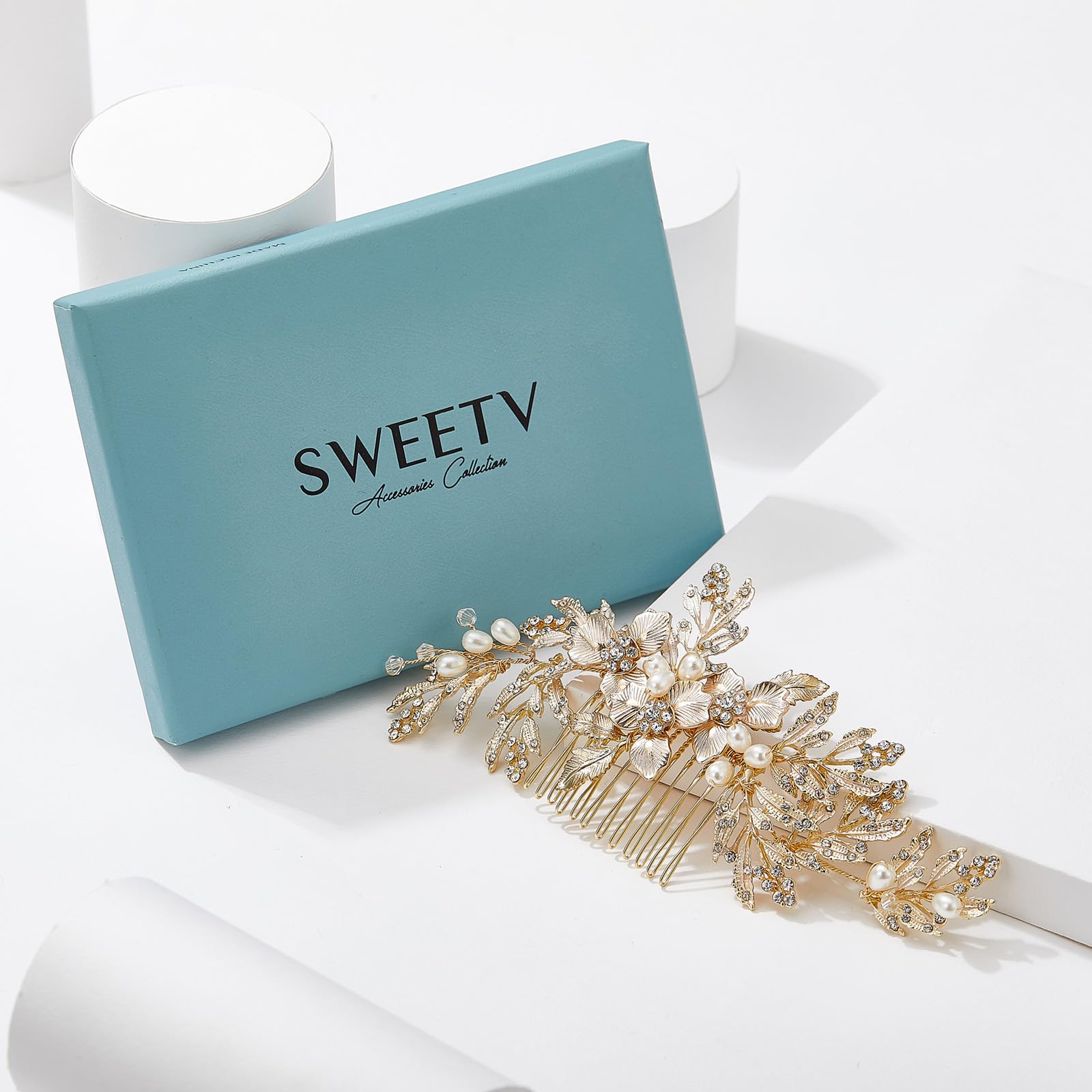 SWEETV Handmade Wedding Hair Comb Clip Rhinestone Bridal Hair Comb Piece, Gold Hair Accessories for Brides Wedding
