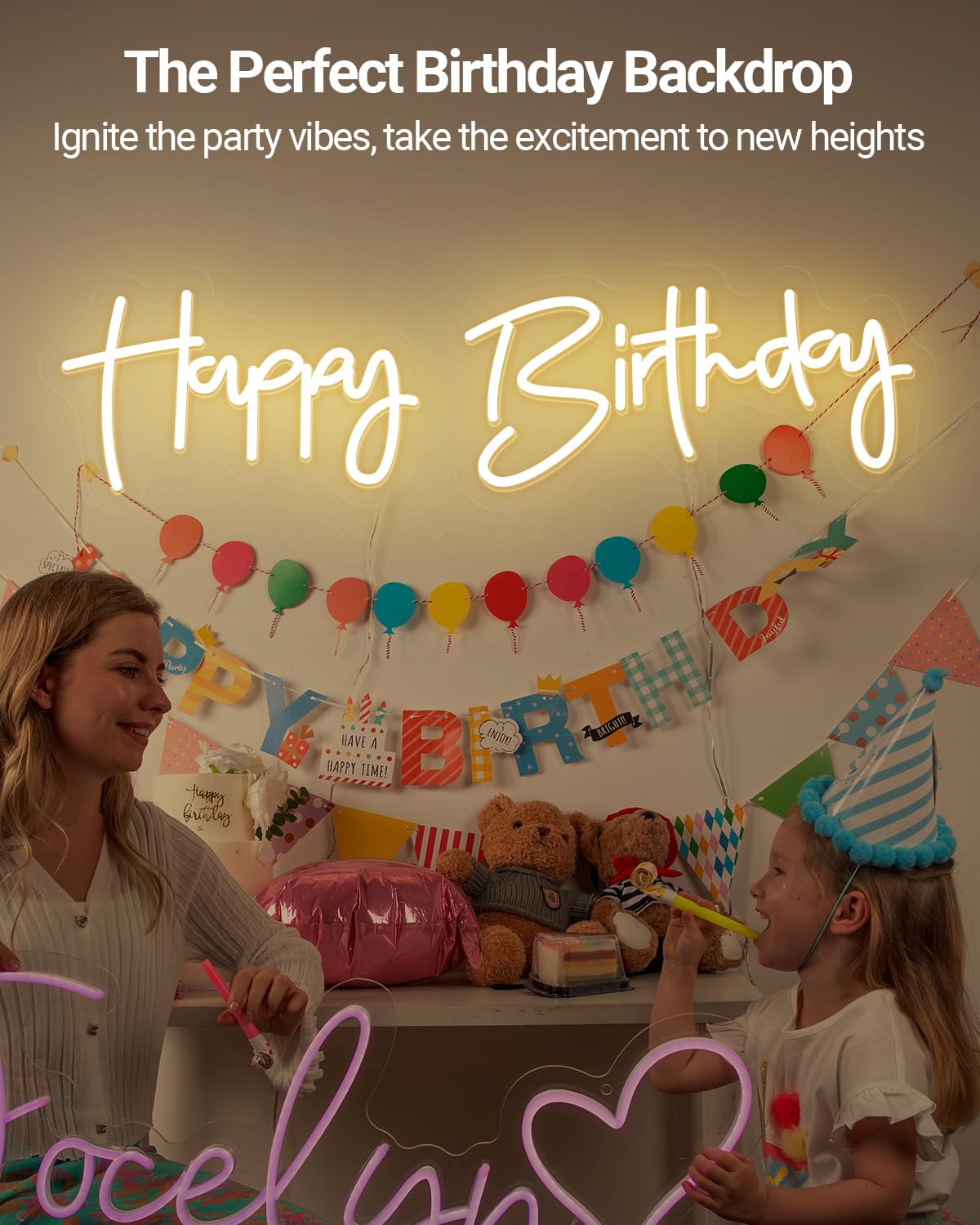 30x8 Inch Happy Birthday LED Neon Sign for Backdrop Decor, Happy Birthday Light Up Sign Adjustable with Stepless Dimmer, 12v Adapter and Hanging Chains for Birthday Party Decoration (Warm White)