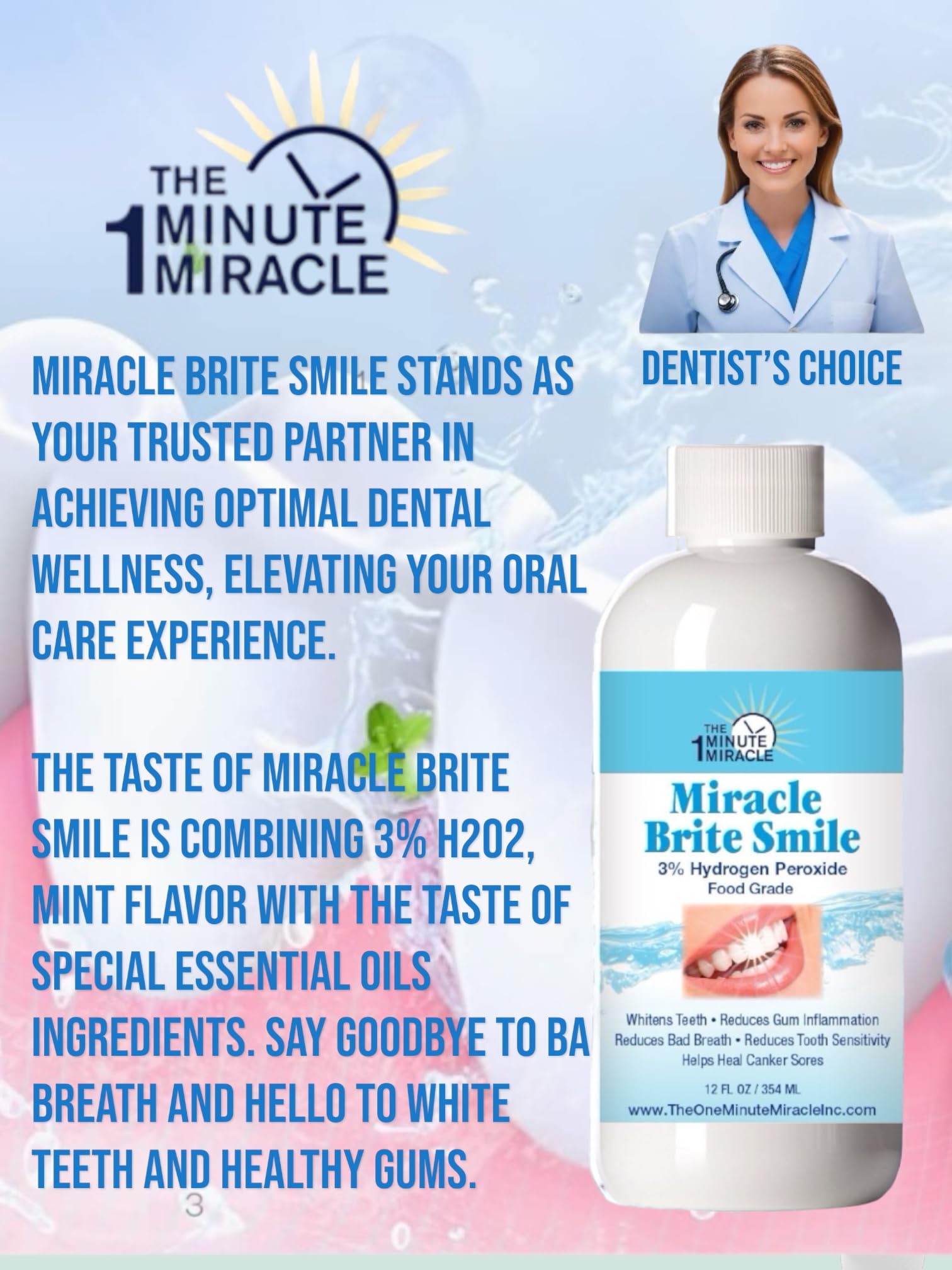 The One Minute Miracle - Miracle Brite Smile Mouthwash and 12% Hydrogen Peroxide Medical Food Grade 8 oz Bottle. Recommended by The One Minute Cure Book