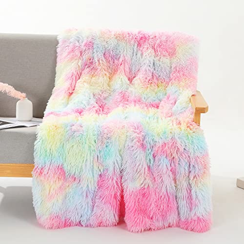YOU SA Colorful Rainbow Design Shaggy Faux Fur Blanket Ultra Plush Long Hair Decorative Throw Blanket 51''x63'', Rainbow-1