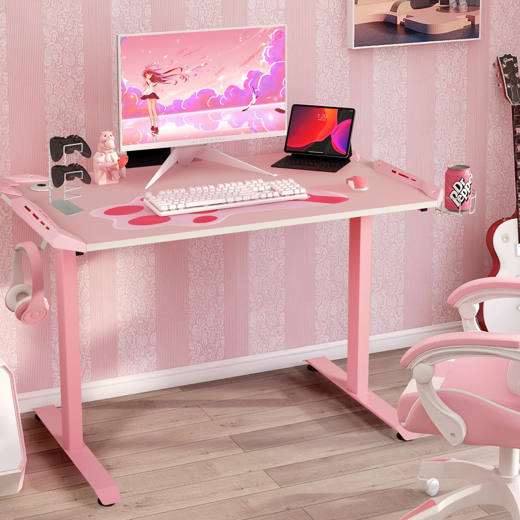 44 Inch T Shaped Gaming Desk, Pink PC Computer Gaming Table Standing Home Office Desk with Mouse Pad & Game Handle Rack, Study Writing Workstation with Outlet Tray Cup Holder Headphone Hook