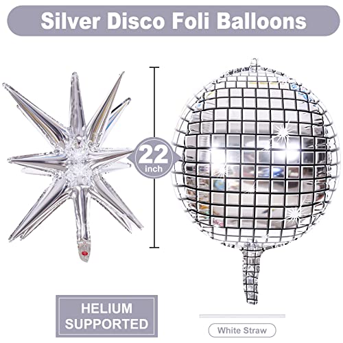9 Pcs Giant Silver 4D Disco Ball Balloons, 22 Inch Silver Explosion Star Foil Mylar Balloons And 4D Round Metallic Silver Disco Balloons For 70s 80s 90s Disco Theme Party Decorations