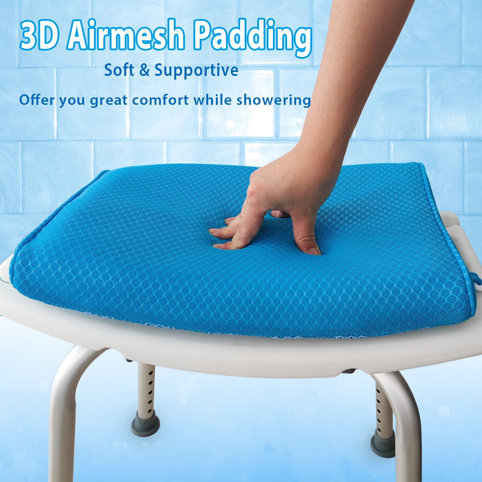 AEROiVi Shower Seat Cushion for Shower Chairs, Transfer Benches in Bathtub, Cushion for Sauna, 3D Mesh Pad with Hook, Slip-Resistant, Design for Elderly, Senior, Handicap & Disabled