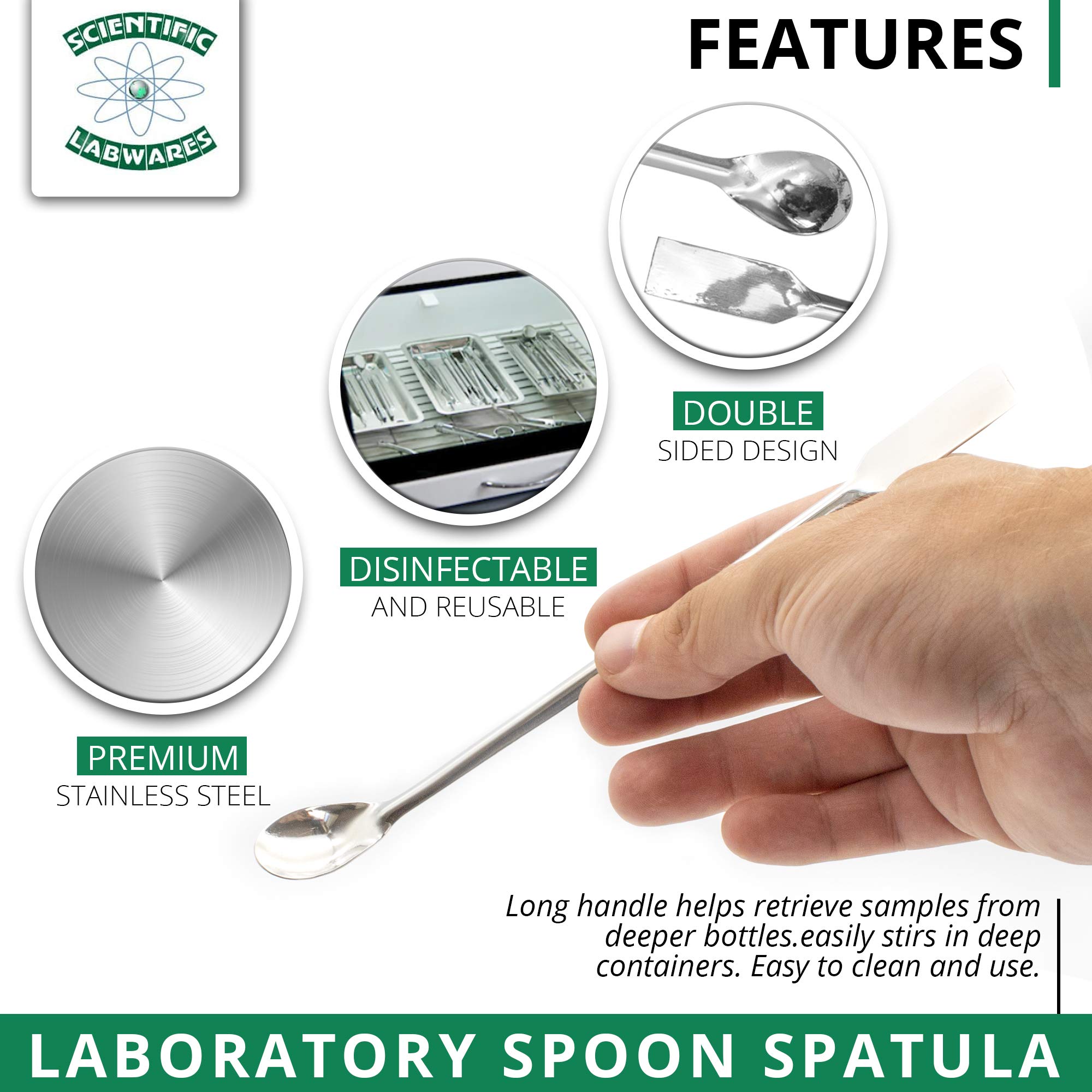 Scientific Labwares Laboratory Spoon Spatula Set - Long Handled Mixing & Measuring Equipment - Supplies for Labs, Sampling, Sculpting, Stirring, Making Makeup - Durable Stainless Steel - Set of 12