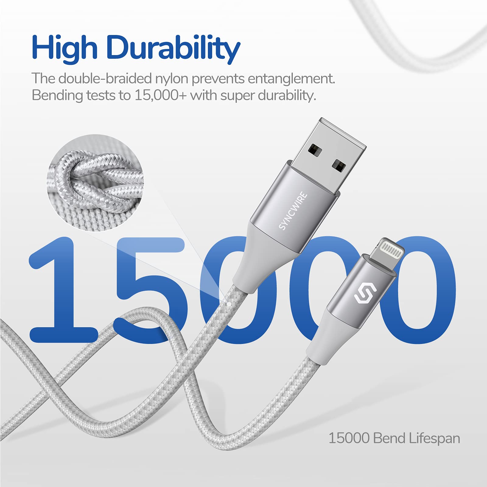 SYNCWIRE iPhone Charger Cable 10ft, [Apple MFi Certified] Long Lightning to USB Cable Double Braided Nylon iPhone Cord Compatible with iPhone 13 12 Mini 11 Pro Max XS XR X 8 7 6 Plus, Silver, 10 Foot
