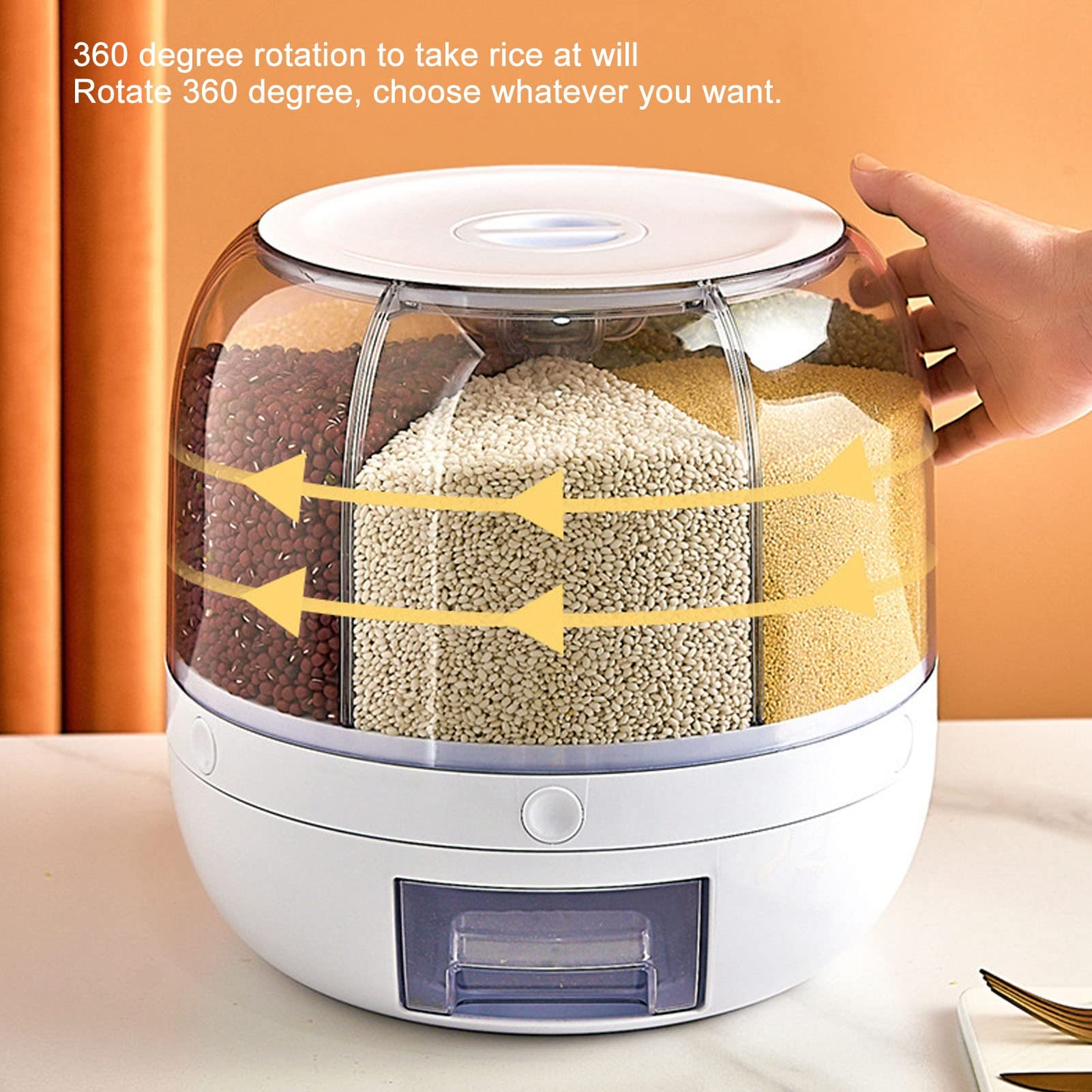 6 Grid Rice & Grain Storage Container, 360° Rotating Dry Food Dispenser Grain Food Storage Box Rice Bucket with Lid Moisture Resistant Household for Home Kitchen (10kg)