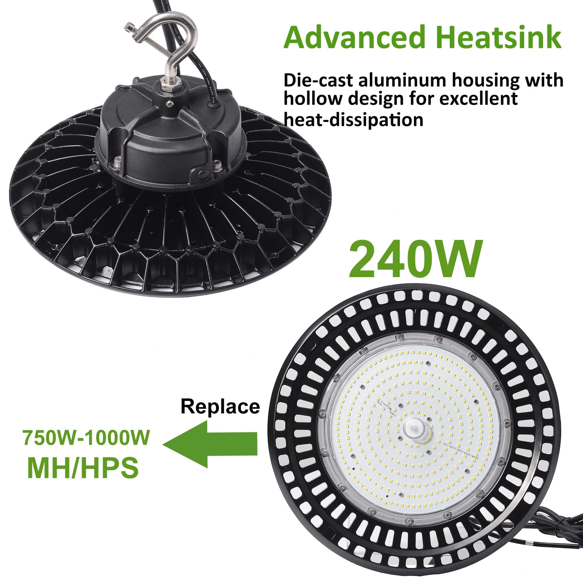 480V UFO LED High Bay Lights 240W, 38400LM, 0-10V Dimmable, 1000W HID/HPS Replacement, 5ft Cable, IP65, Hook Mount, Shop Lights, Garage, Factory, Warehouse, Workshop, Area Light