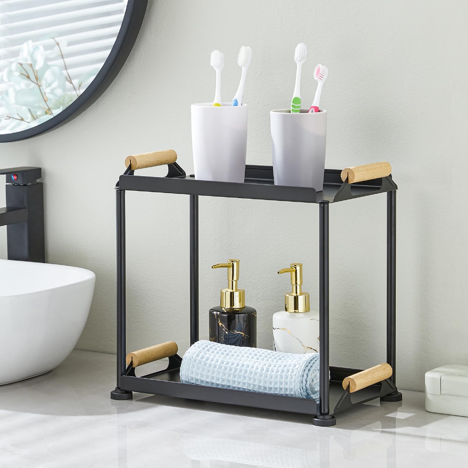 Aduanbang Bathroom Organizer Countertop, 2-Tier Bathroom countertop Organizer Storage Shelf Cosmetic Organizer Spice Rack for Bathroom, Kitchen, Living Room, Bedroom, Dressing Table, Black