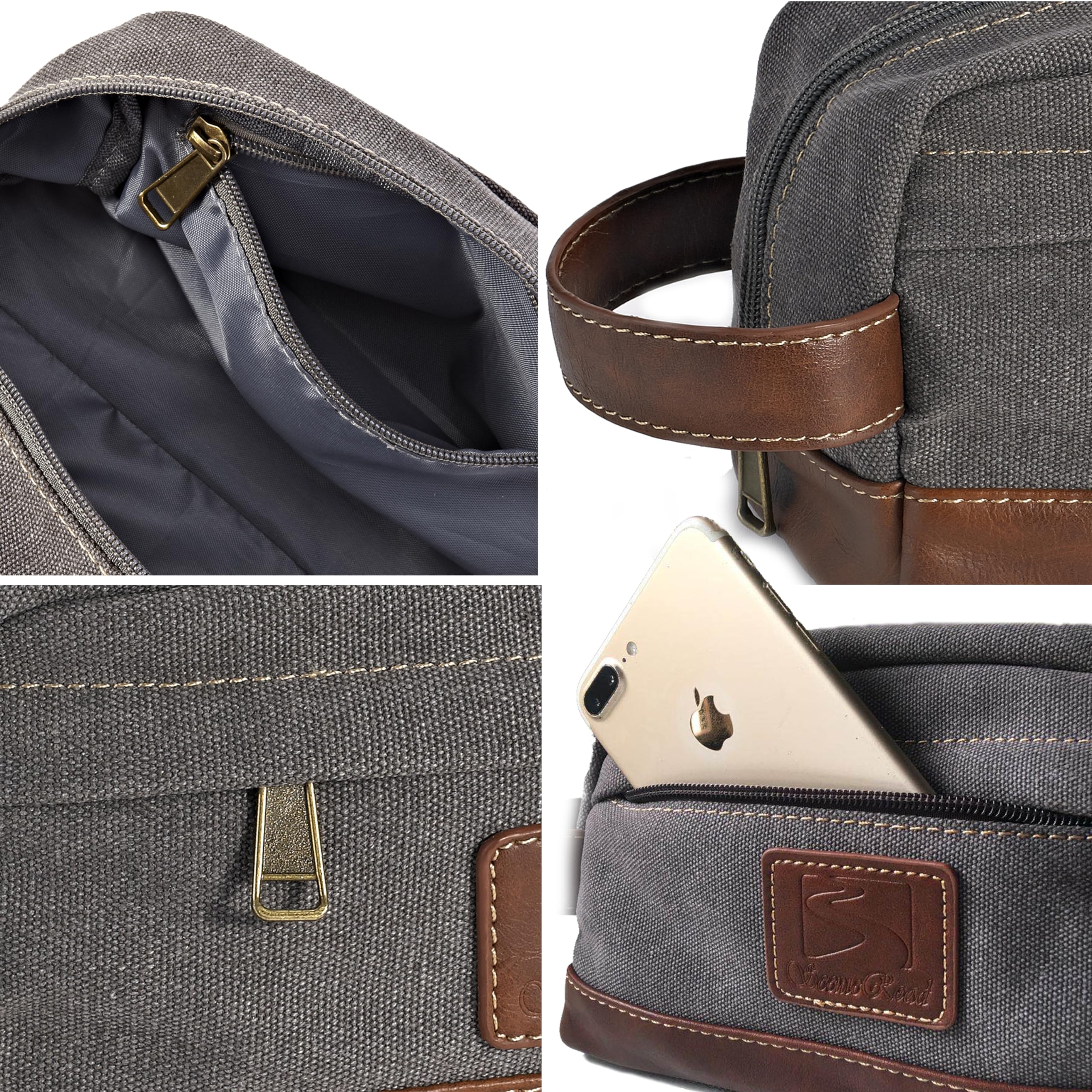 seemeroad Travel Toiletry Bag for Men and Women, Canvas Toiletry Organizer Water-Resistant Vegan Leather, Hanging Dopp Kit Shaving Bag for Toiletries Accessories (Gray, Medium)