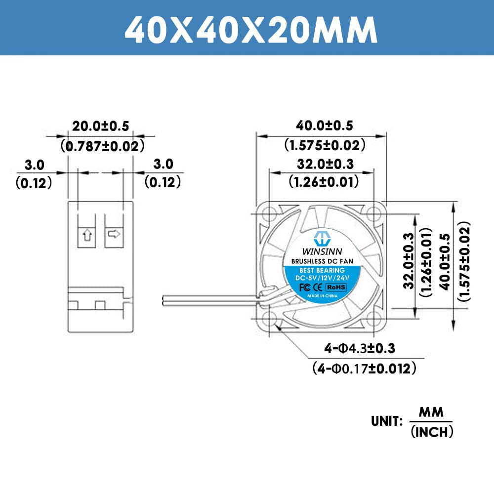 WINSINN 40mm Fan 24V, 3D Printer Micro 24 Volt Fans 4020 Dual Ball Bearing, Brushless Cooling 40mmx20mm 2PIN (Pack of 2Pcs)