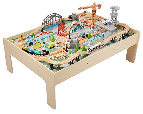 Amazon Basics 120 Piece Wooden Train Set and Table-kids Gift for Age 3Y+, Multi, 48.62 x 18.07 x 7.01 inches
