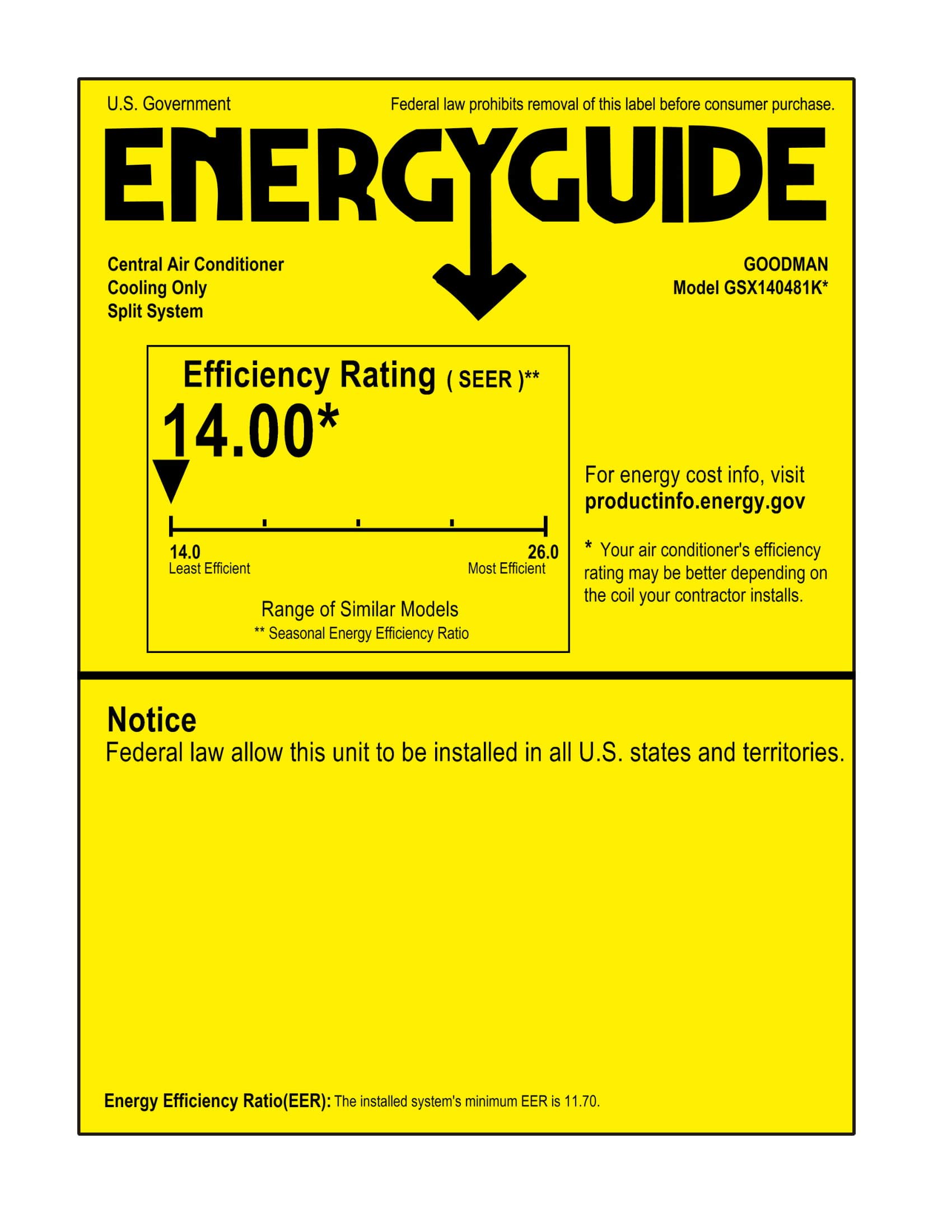 4 Ton Goodman 14 SEER R410A Air Conditioner Split System