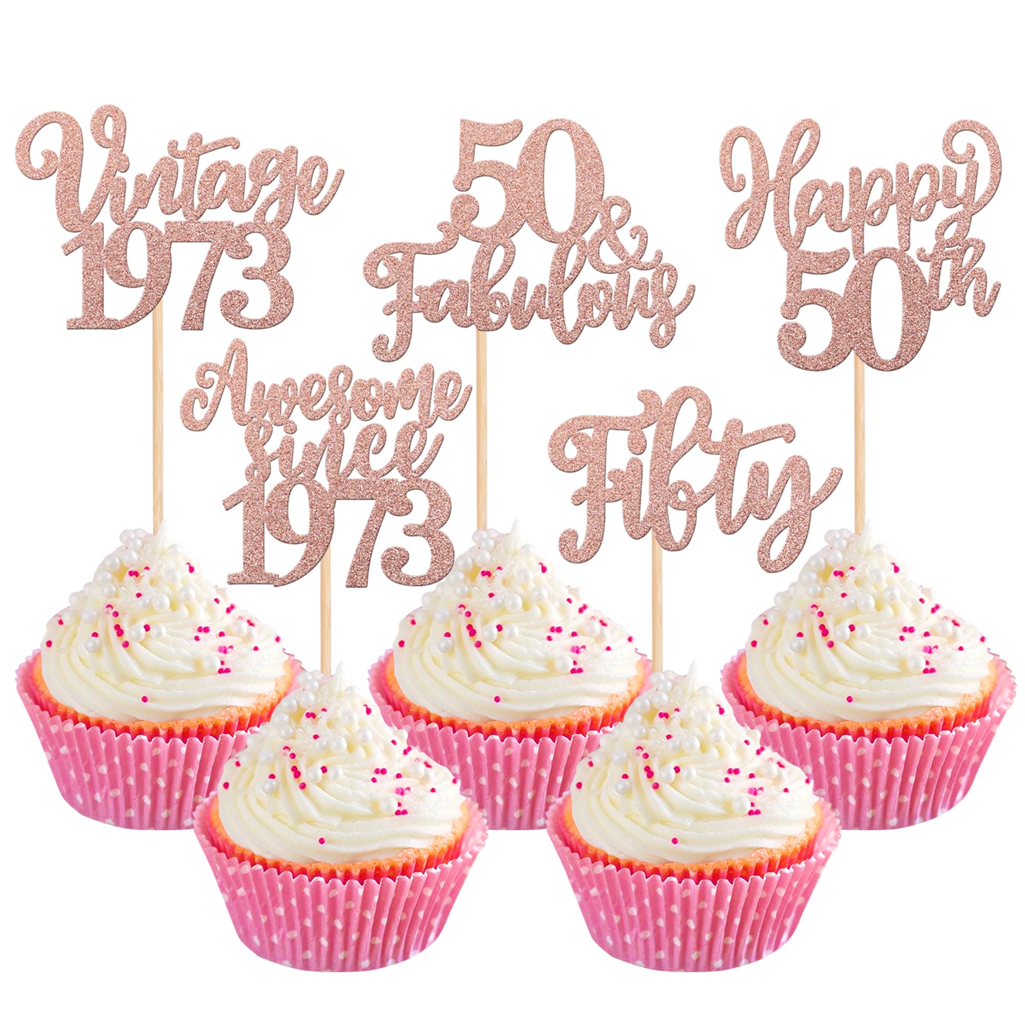 30 PCS Happy 50th Birthday Cupcake Toppers Glitter Fifty 50 Fabulous Vintage 1973 Cupcake Picks Cheers to 50 Years Cake Decorations for 50th Birthday Anniversary Party Supplies Rose Gold