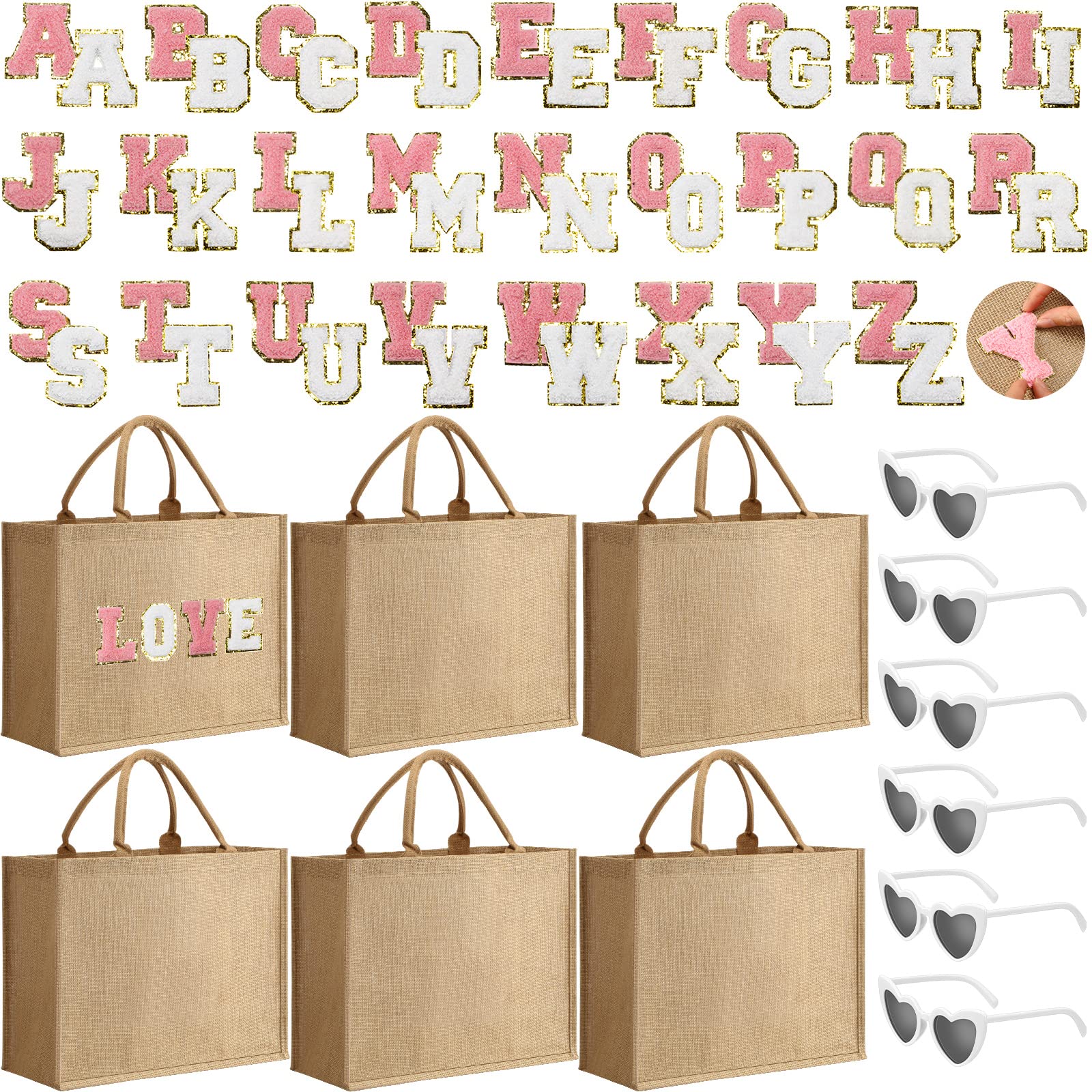 6 Pcs Burlap Jute Tote Bags Bulk Bachelor Party Large Blank Burlap Bags with Handles 6 Pairs Heart Shaped Glasses White Heart Glasses 2 Sets A-z Iron on Letter Patches Glitter Border Repair Patches