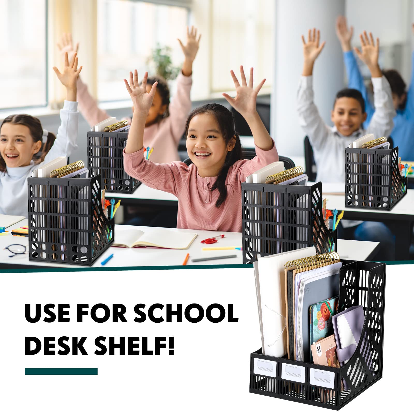 6 Pcs Magazine File Holder Sturdy Plastic Desk Organizers and Storage File Folder for Office Black Organization Binder Organizer with 3 Vertical Compartments for Home, Desk, School