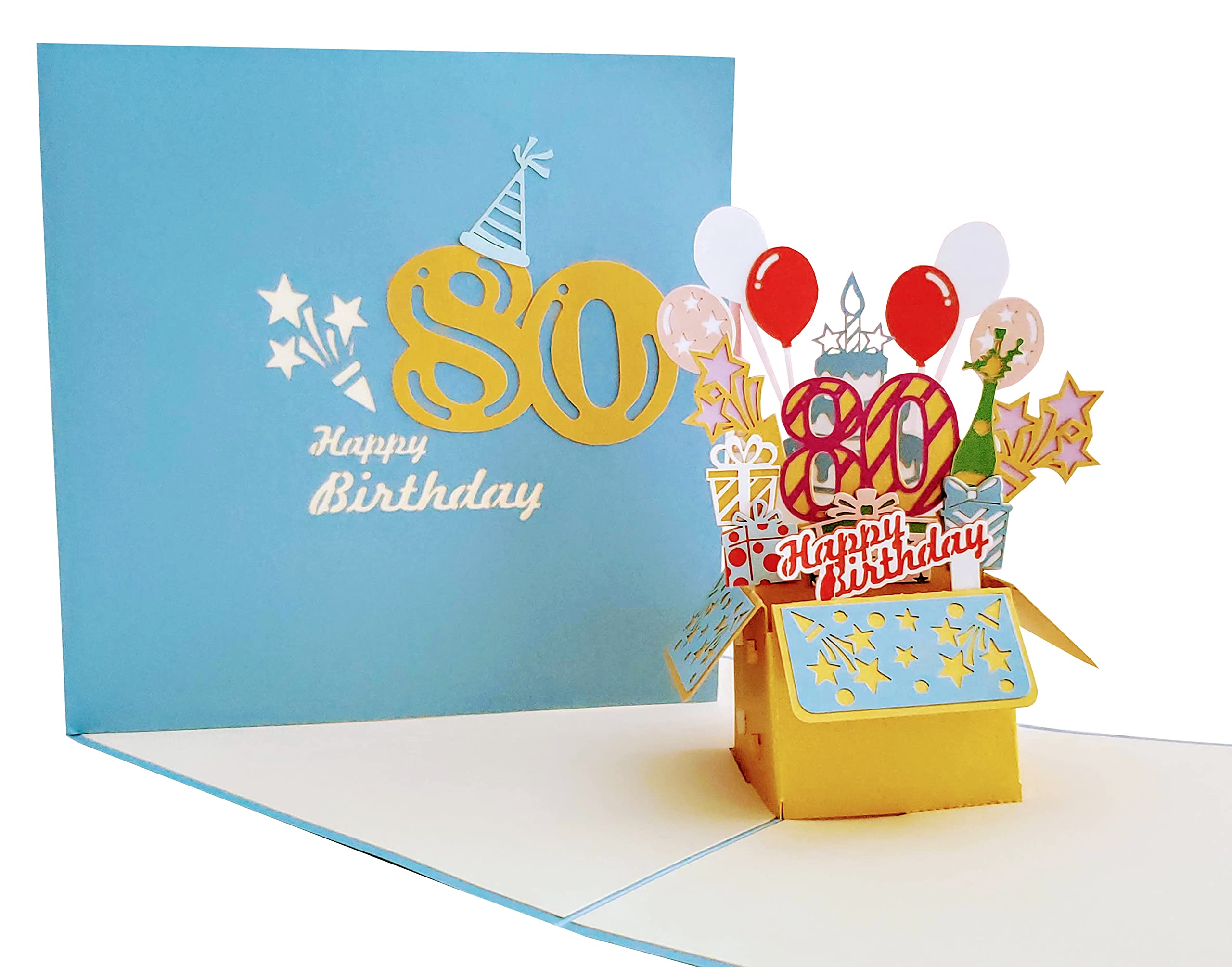 iGifts And Cards Happy 80th Blue Birthday Party Box 3D Pop Up Greeting Card – Eighty, Awesome, Balloons, Unique, Celebration, Feliz Cumpleaños, Fun, Fabulous