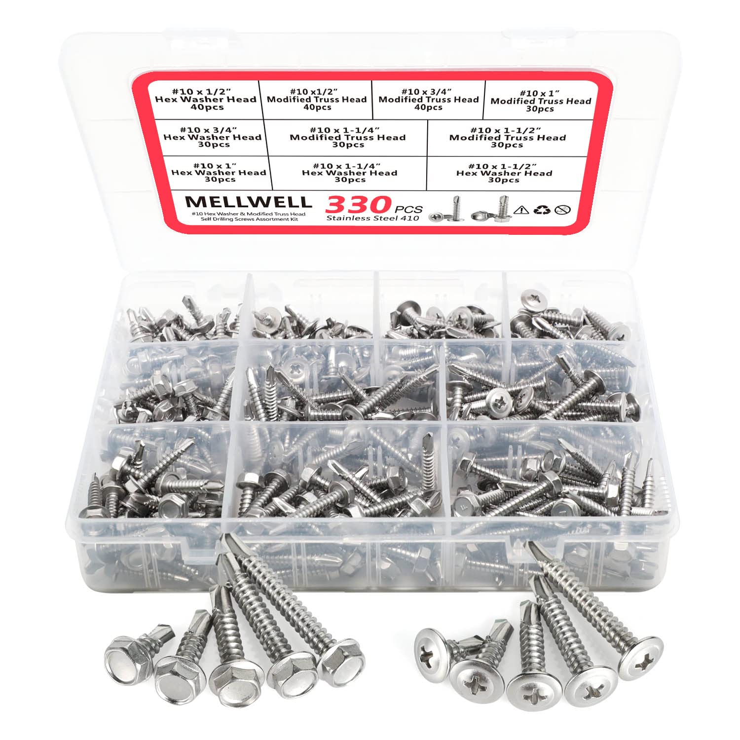 330PCS #10 Self Drilling TEK Screw Assortment Kit, Hex Washer & Modified Truss Head Self Tapping Screws for Metal, 410 Stainless Steel Screws, Length 1/2" to 1-1/2"