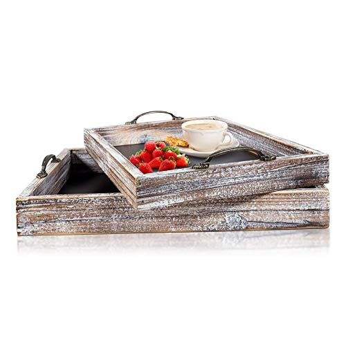 Serving Trays β Rustic Nesting Serving Trays with Chalkboard Surface and Decorative Handles β Charcuterie Tray for Coffee Table β Set of 2 Stackable Wood Serving Trays β Vintage Design