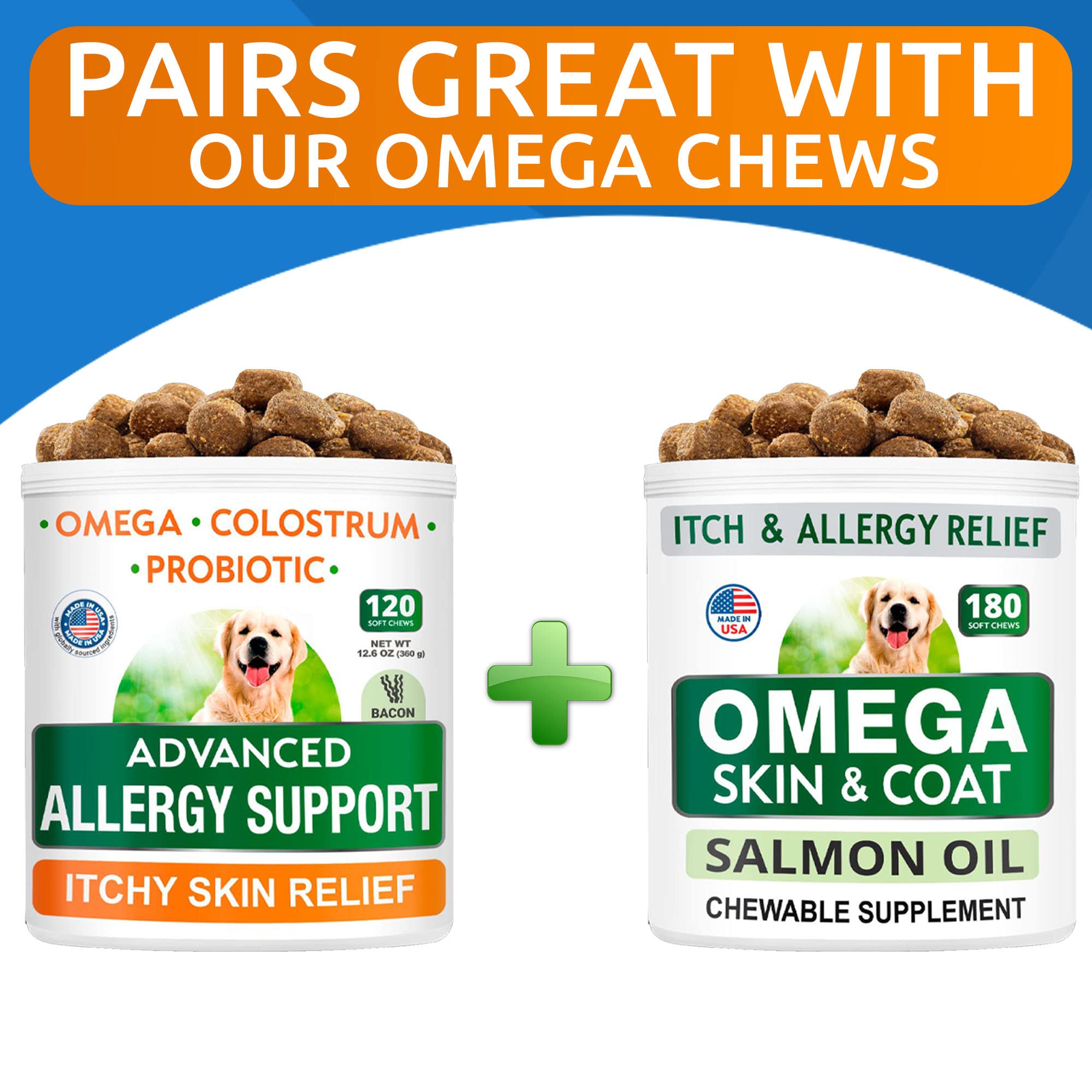 Advanced Dog Allergy + Allergy Relief Bundle - Itch Relief + Anti-Itch Skin & Coat - Probiotics w/Fish Oil Omega 3 + EPA&DHA Fatty Acid - Skin Allergies + Itching&Paw Licking - 240 Chews - Made in USA