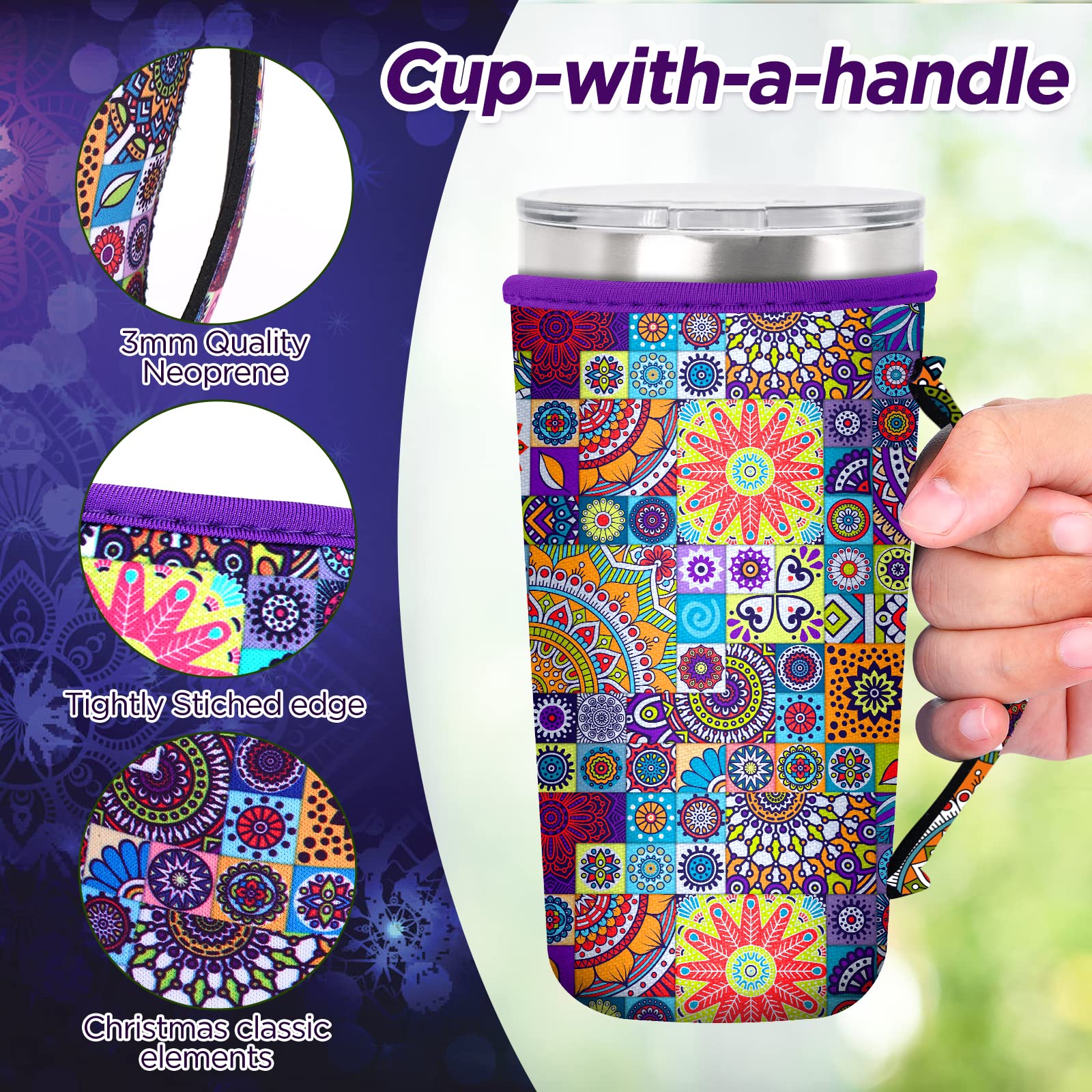 6 PCS Reusable Iced Coffee Cup Sleeves Mandala Flower Style Cup Cover Coffee Cup Neoprene Insulator Sleeves Suitable for Hot Cold Coffee or Ice Drink for 16-32oz Coffee Beverage Milk Cold Hot Drinks