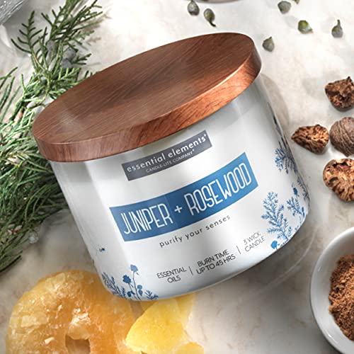 Essential Elements by Candle-lite Scented Candles, Juniper and Rosewood Fragrance, One 14.75 oz. Three-Wick Aromatherapy Candle with 45 Hours of Burn Time, Off-White Color