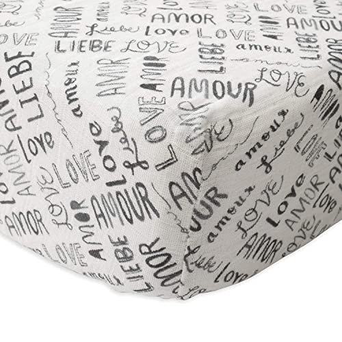 Red Rover Kids All-Cotton Muslin Fitted Crib Sheet- 52”x 28”x 9”- 100% Cotton – Machine Washable – Lightweight & Breathable – Playful Designs – Nursery, Crib, Bed – Unisex (Love Language)