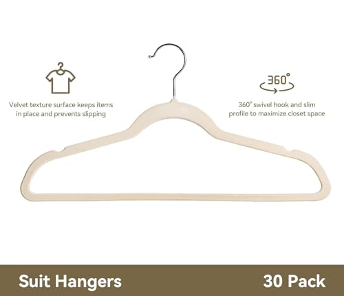 Softflame Premium Velvet Hangers 30 Pack, Non-Slip Suit Clothes Hangers, 360 Degree Swivel Hooks and Slim Profile to Maximize Closet Space Beige/Silver