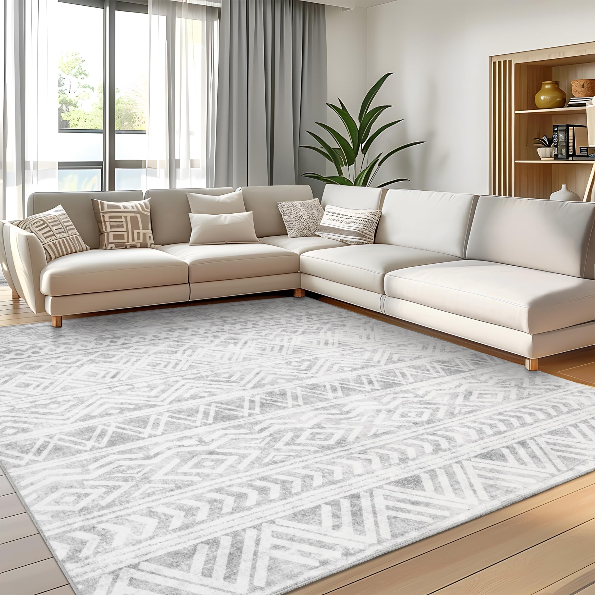 5x7 Area Rugs for Living Room, Ultra Soft Boho Moroccan Washable Carpet, Neutral Non-Slip Backing Dining Room Rugs, Low Pile Carpet for Bedroom Home Office