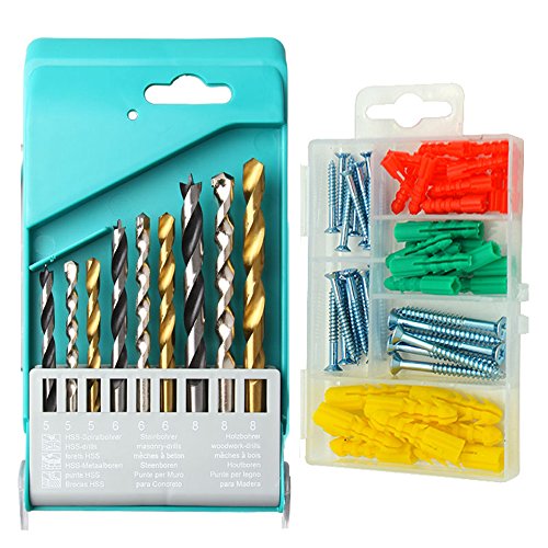 9pcs Twist Wood Masonry Drill Bits Set Concrete Anchors Screws Assortment Kit