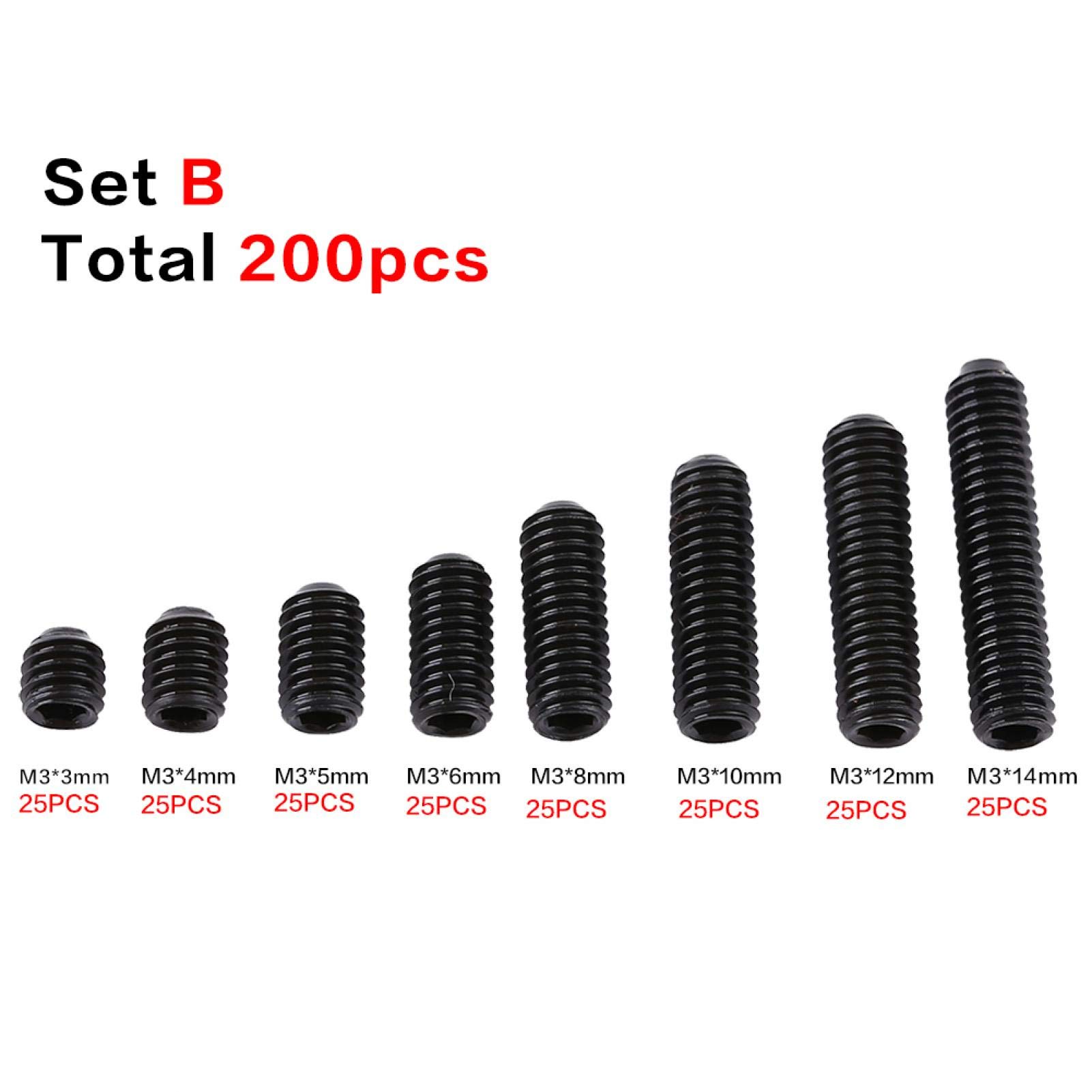 Oumefar 200Pcs Screws Grade Carbon Steel M3 Black Cup Point Screw Assortment Steel Set Screw Hex Socket Set Screw Bolts Nut Bolt Assortment Used for Industry