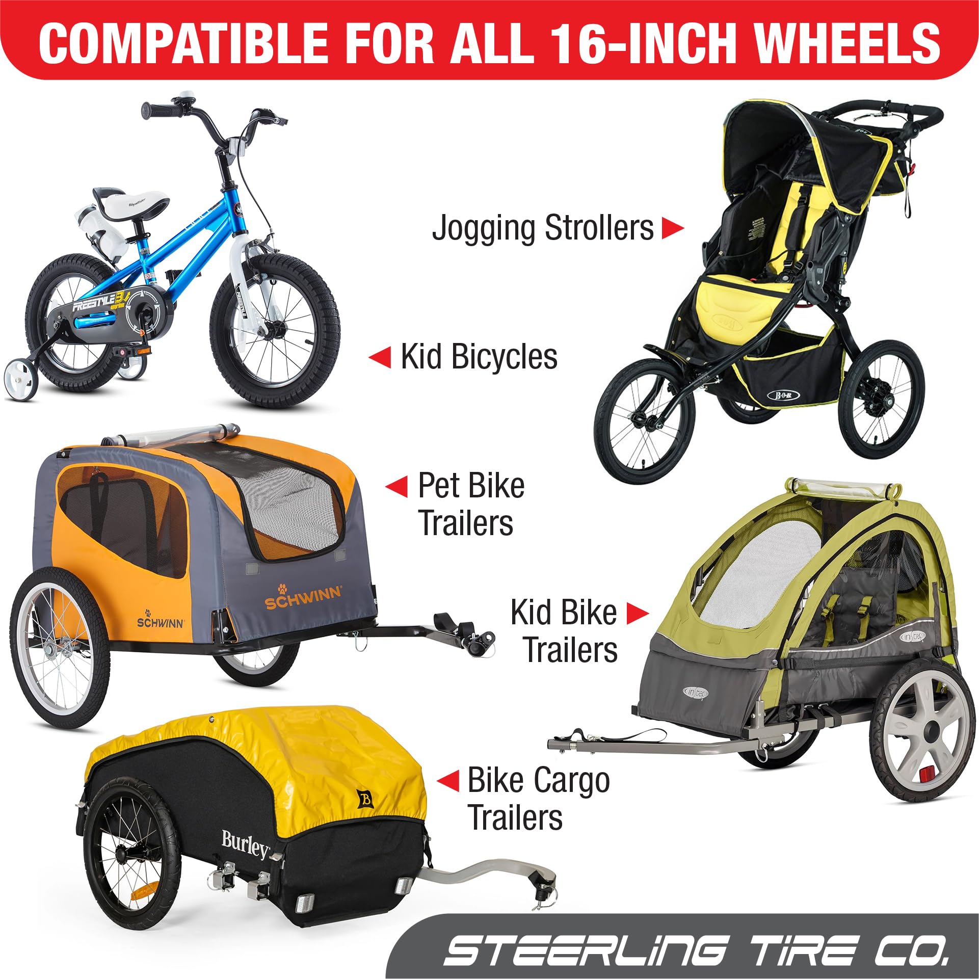 Three 16-Inch Tire Replacements for Jogging Strollers Like BOB Ironman & Bike Trailers Including Allen Sport, Burley and Instep (3-Pack) by Steerling Tire Co.
